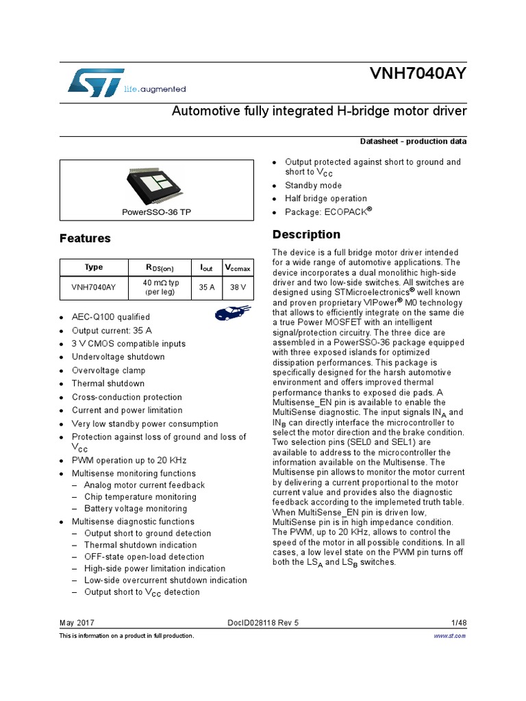 VNH7040AYTR Datasheet | PDF | Field Effect Transistor | Cmos