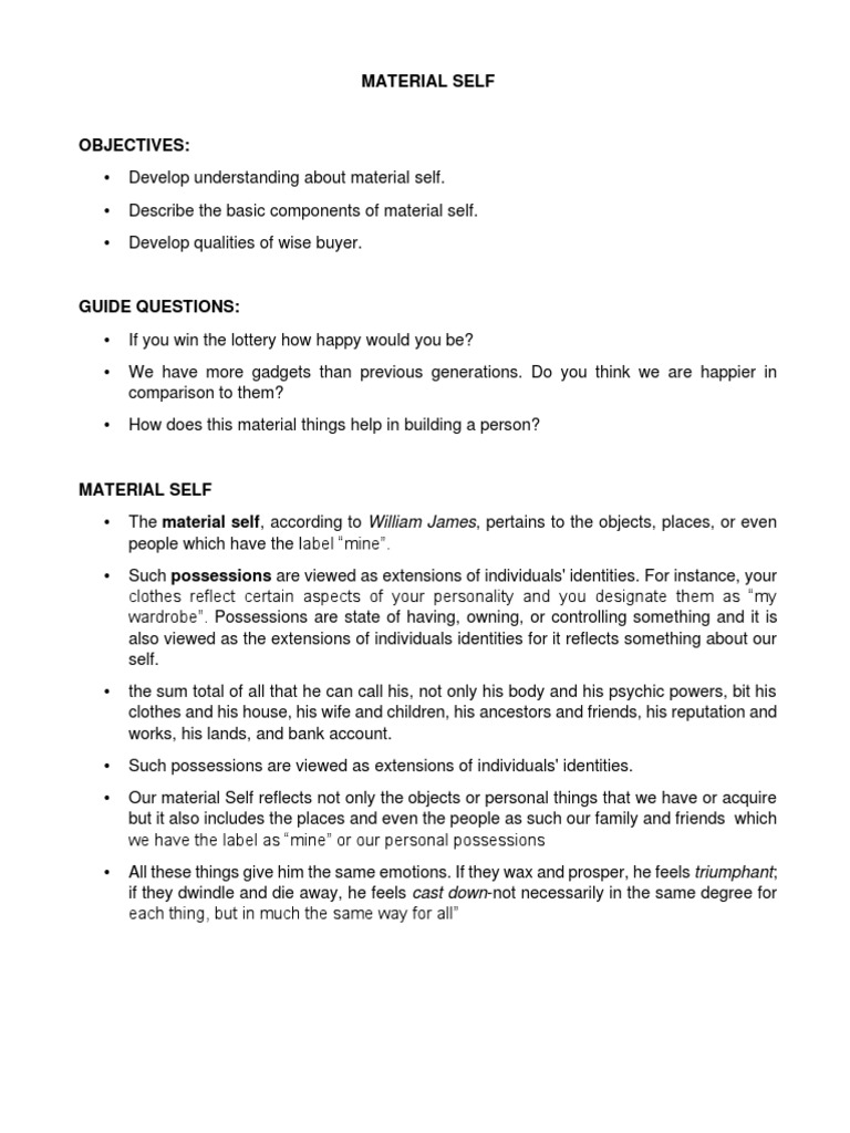 MATERIAL SELF - Learning Guide - Final | PDF | Identity (Social Science) | Self Esteem
