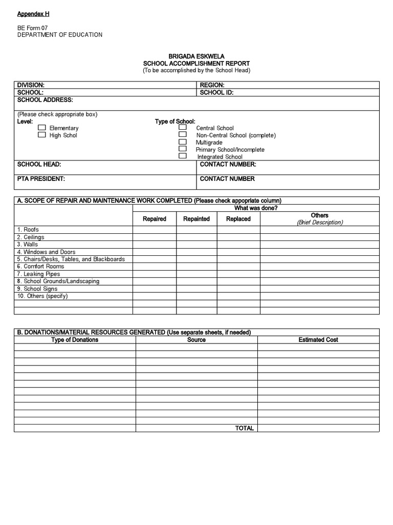 Appendex H BE FORM 7 SCHOOL ACCOMPLISHMENT REPORT | PDF