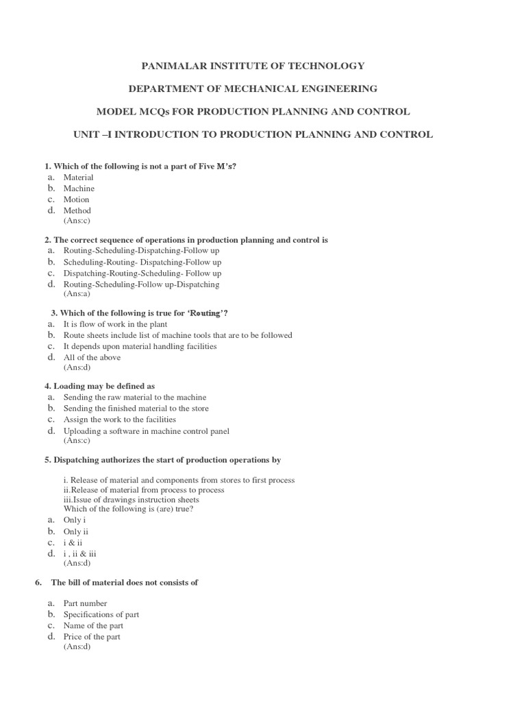 UNIT 1 PPC MCQ | PDF | Business Process | Production And Manufacturing