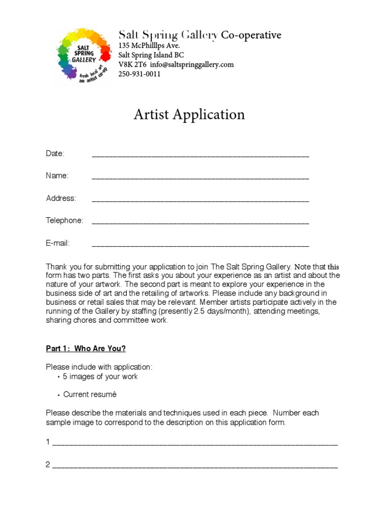 Artist Application Form Pdf Pdf Retail Business