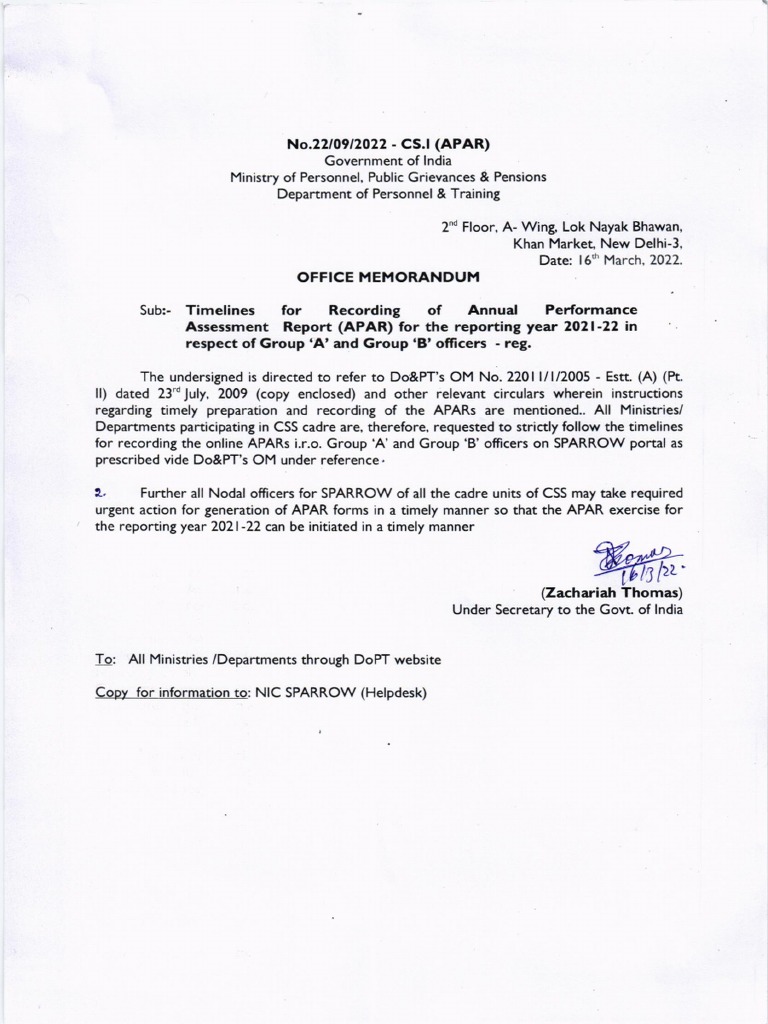 Guidelines and Timeline For Submission of APARs For The Year 2021-22 | PDF | Government Of India ...