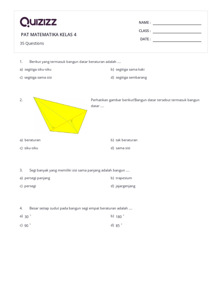 Latihan Pat Matematika Kelas 4 | PDF