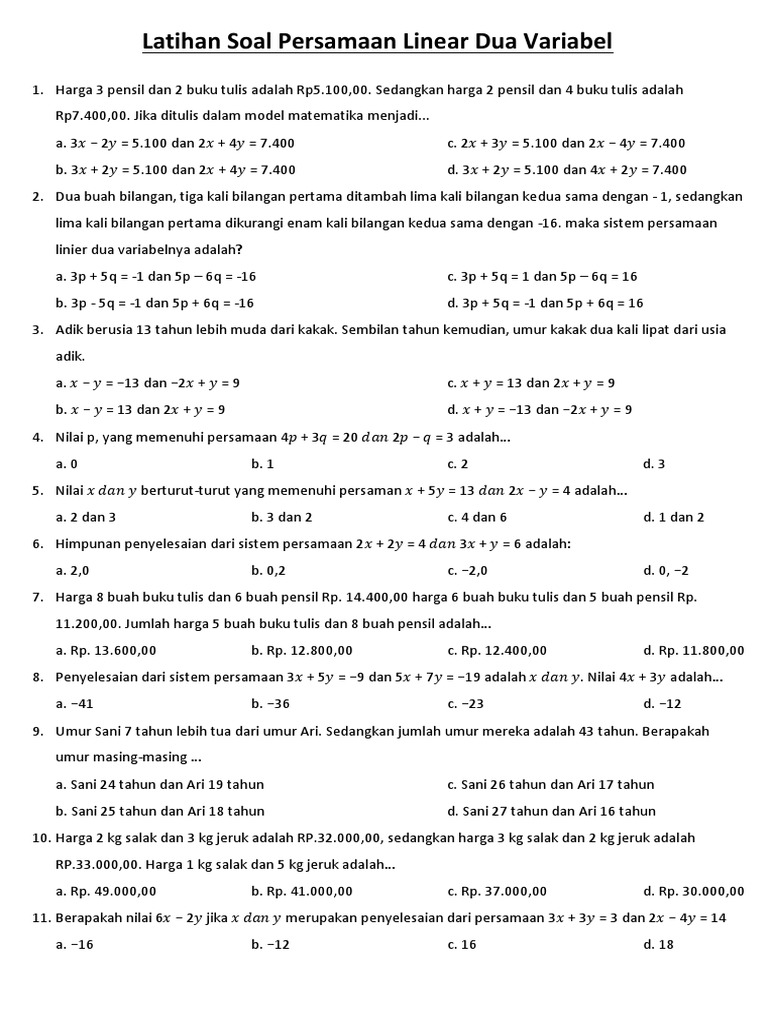 Latihan Soal Persamaan Linear Dua Variabel | PDF
