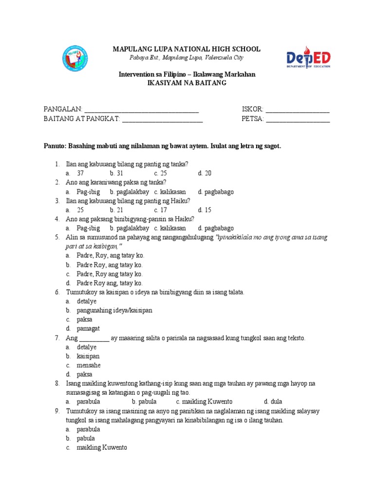 2nd Summative Test Filipino 9 | PDF