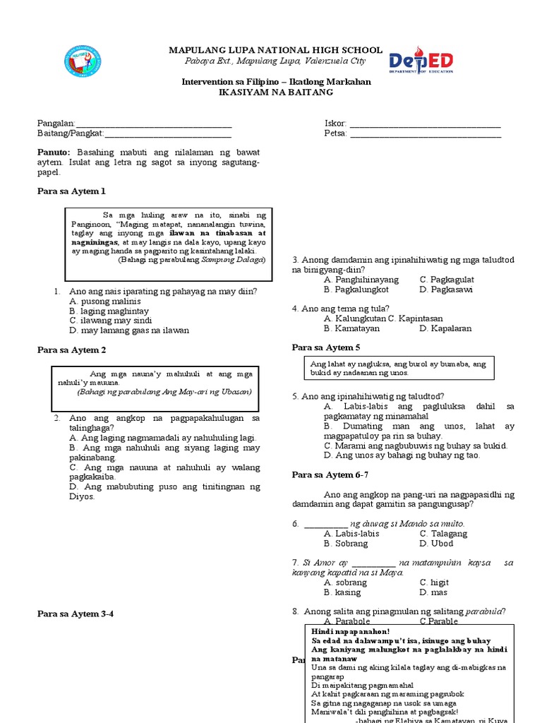 3rd Summative Test Filipino 9 | PDF