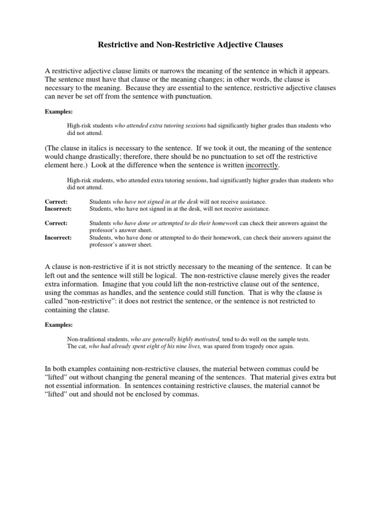 Restrictive and Non-Restrictive Adjective Clauses | PDF | Sentence ...