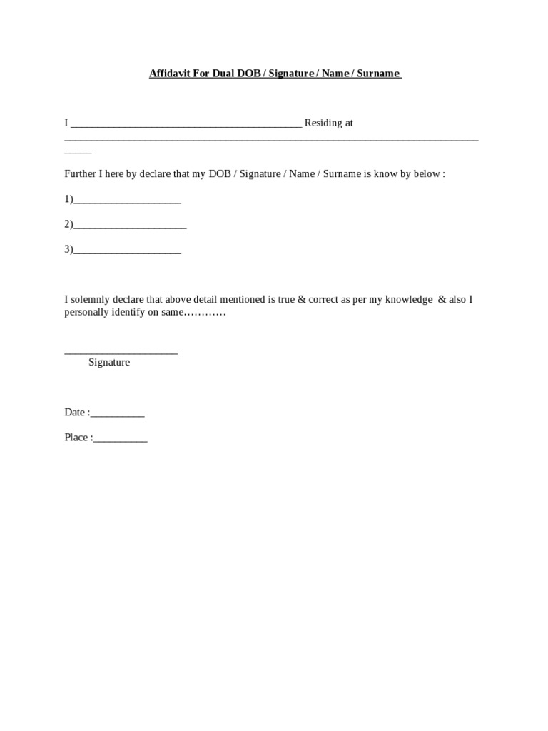 Dual DOB and Signature Affidavit Template | PDF