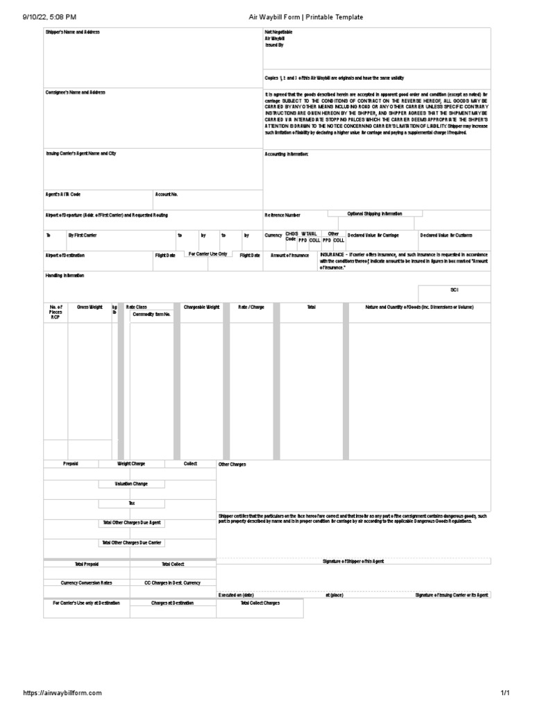 Air Waybill Form - Printable Template | PDF | Trade | Business