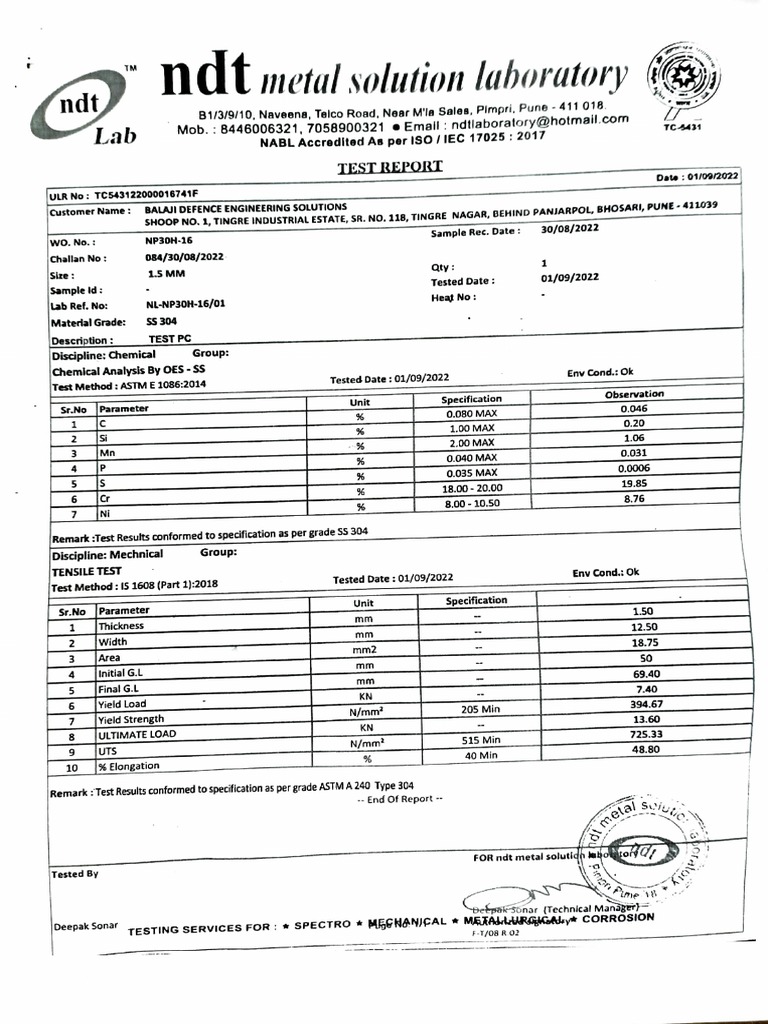 SS 304 Chemical & Tensile Test Report | PDF | Physical Sciences ...