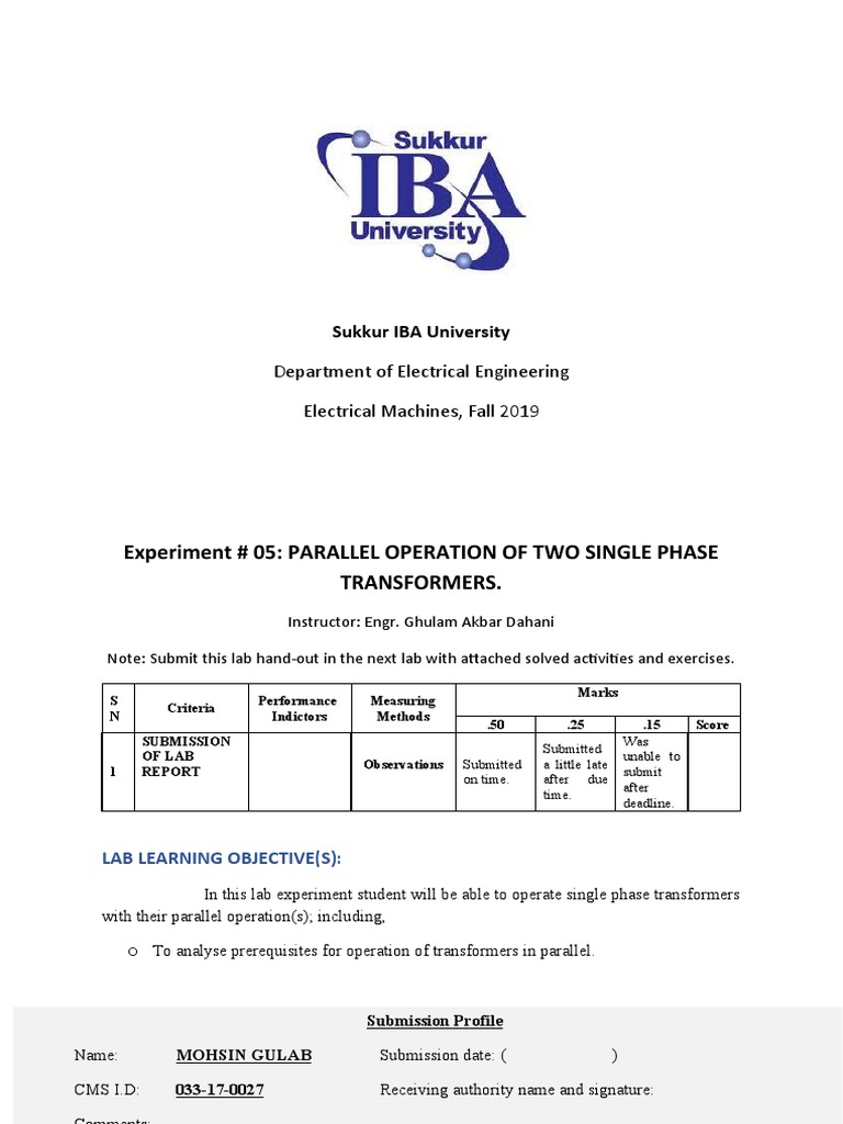 Experiment # 05: Parallel Operation of Two Single Phase Transformers | PDF | Transformer ...