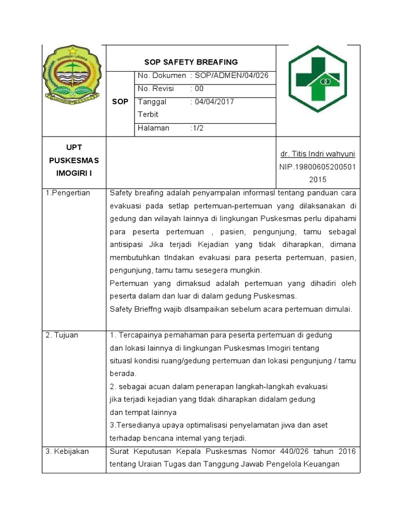 Prosedur Safety Briefing Puskesmas | PDF