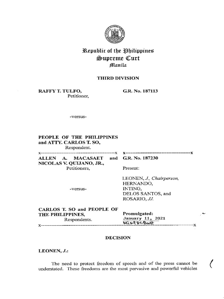 Raffy T. Tulfo vs. People of The Philippines and Atty. Carlos T. So - Allen A. Macasaet and ...