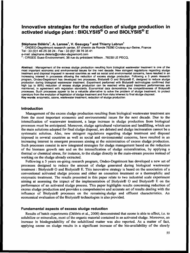 Innovative Strategies For The Reduction of Sludge Production in Activated Sludge Plant: BIOLYSIS ...