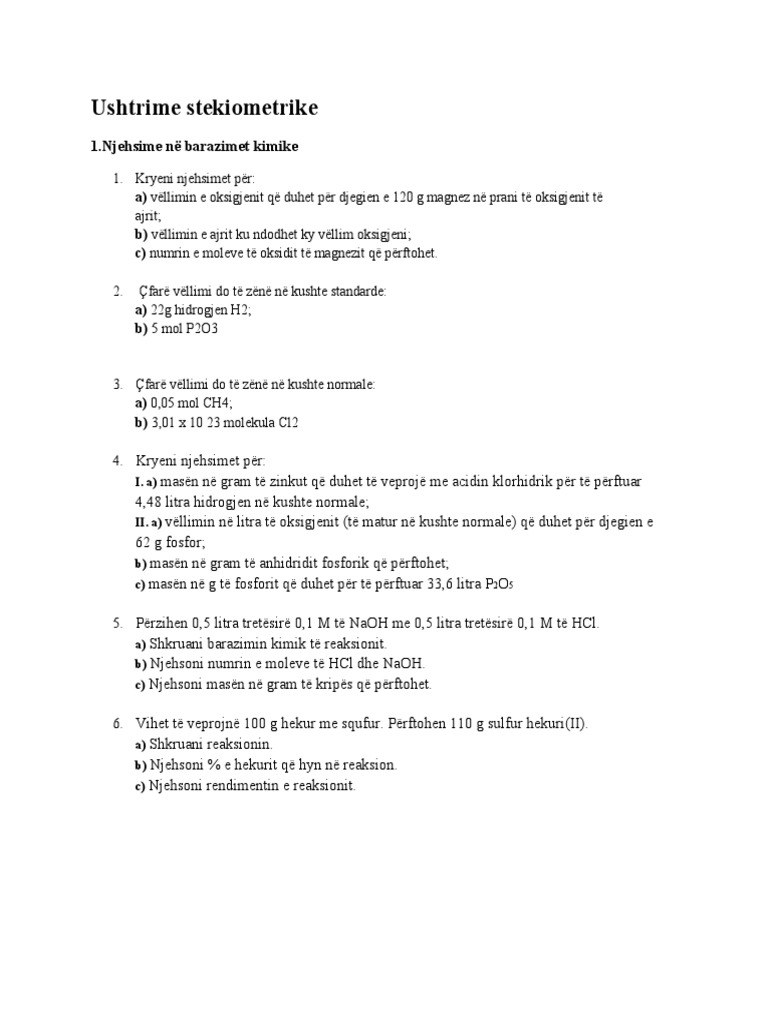 Ushtrime Stekiometrike-Klasa 10 | PDF