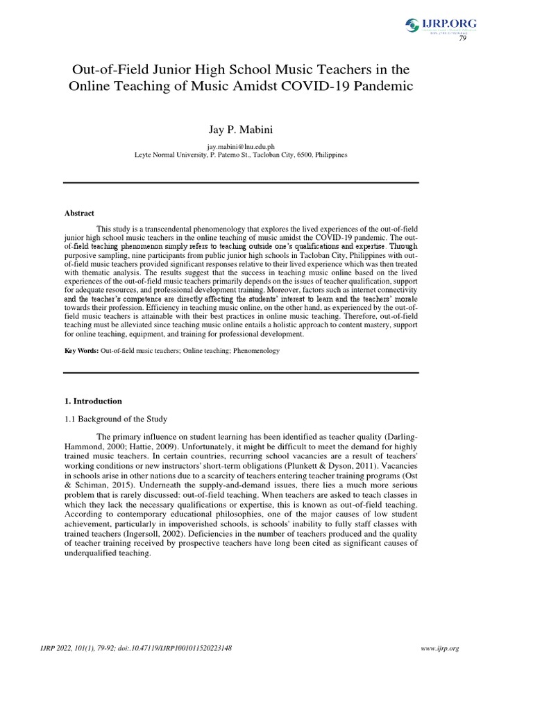 Out-of-Field Junior High School Music Teachers in The Online Teaching ...