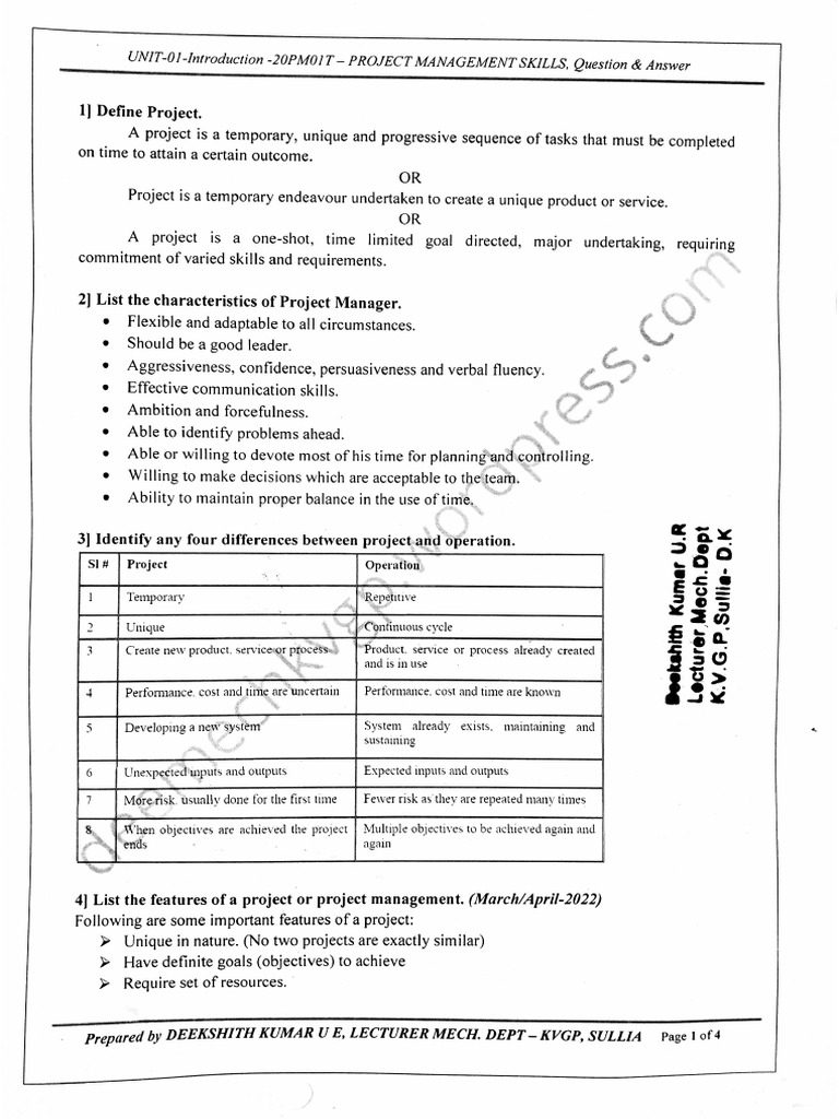 PMS Q&a-Unit-01 | PDF