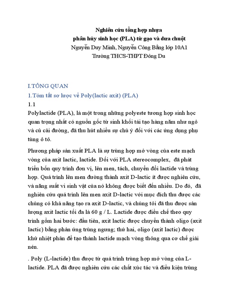 I.Tổng Quan 1.Tóm tắt sơ lược về Poly (lactic axit) (PLA) | PDF