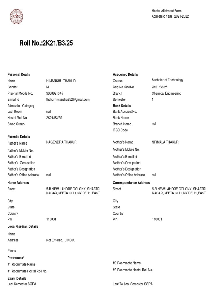 Hostel Application Form | PDF