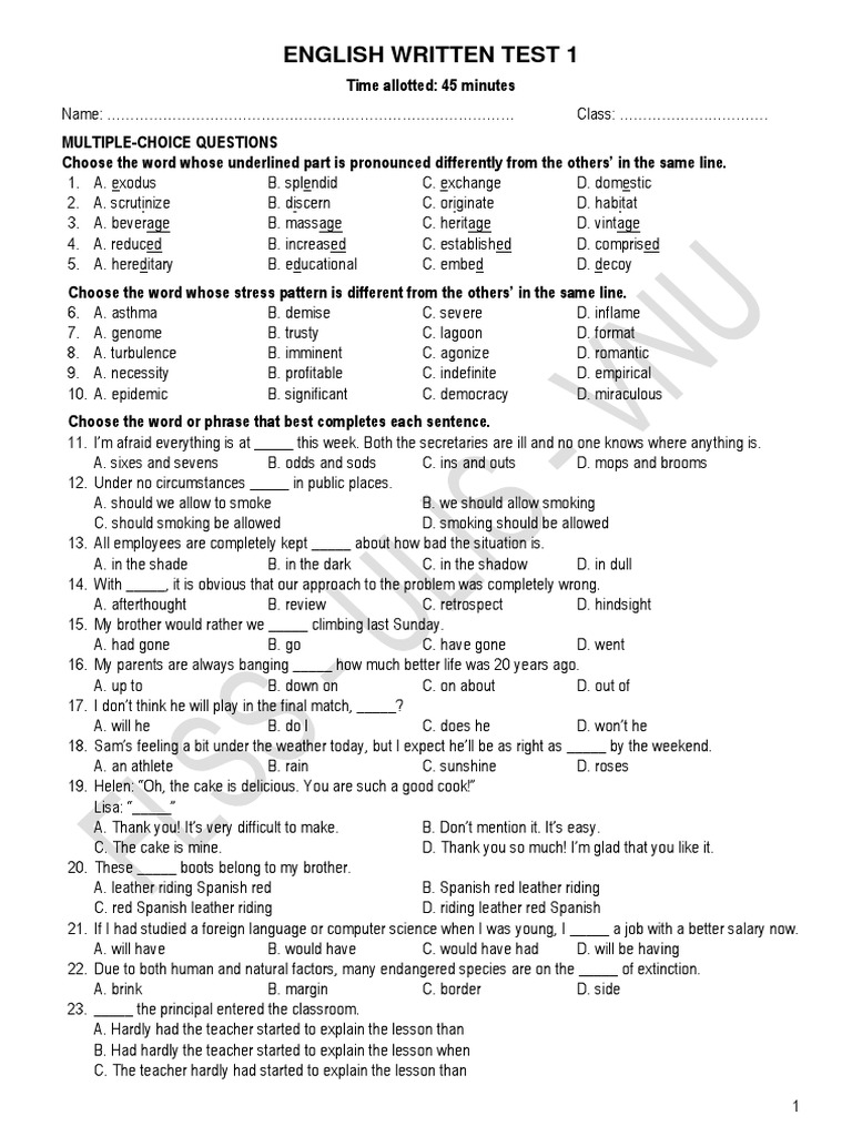 21 22 ENGLISH WRITTEN TEST 1 đề | PDF | Solar Eclipse | Moon