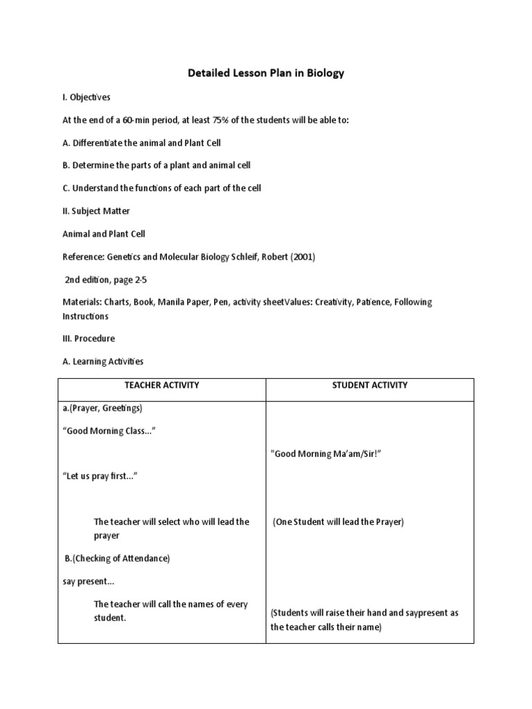 Detailed Lesson in BIOLOGY | PDF | Cell (Biology) | Teachers