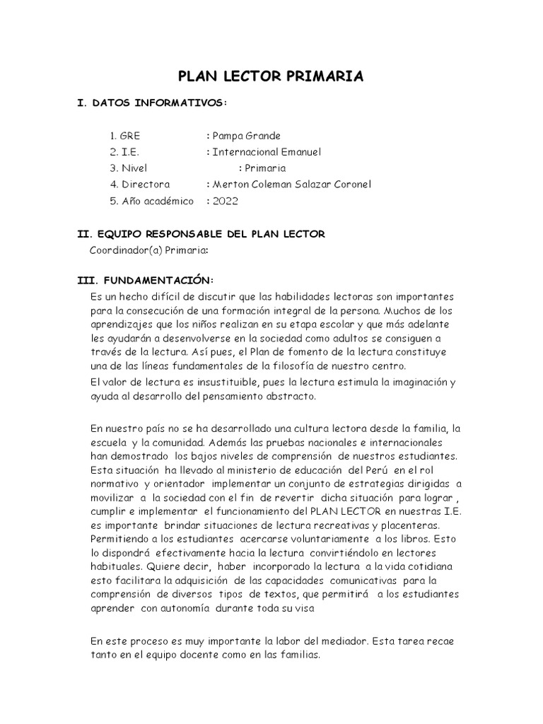 Plan Lector Primaria | PDF | Educación primaria | Comprensión lectora