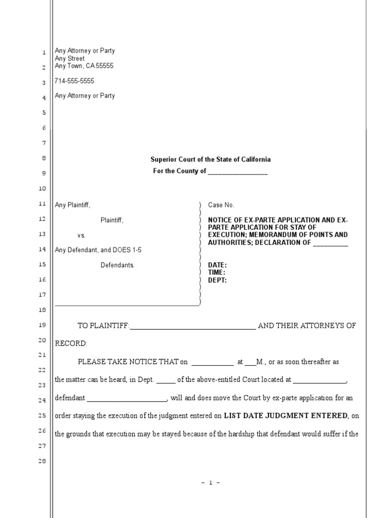 Sample Ex Parte Application For Stay of Execution in California ...