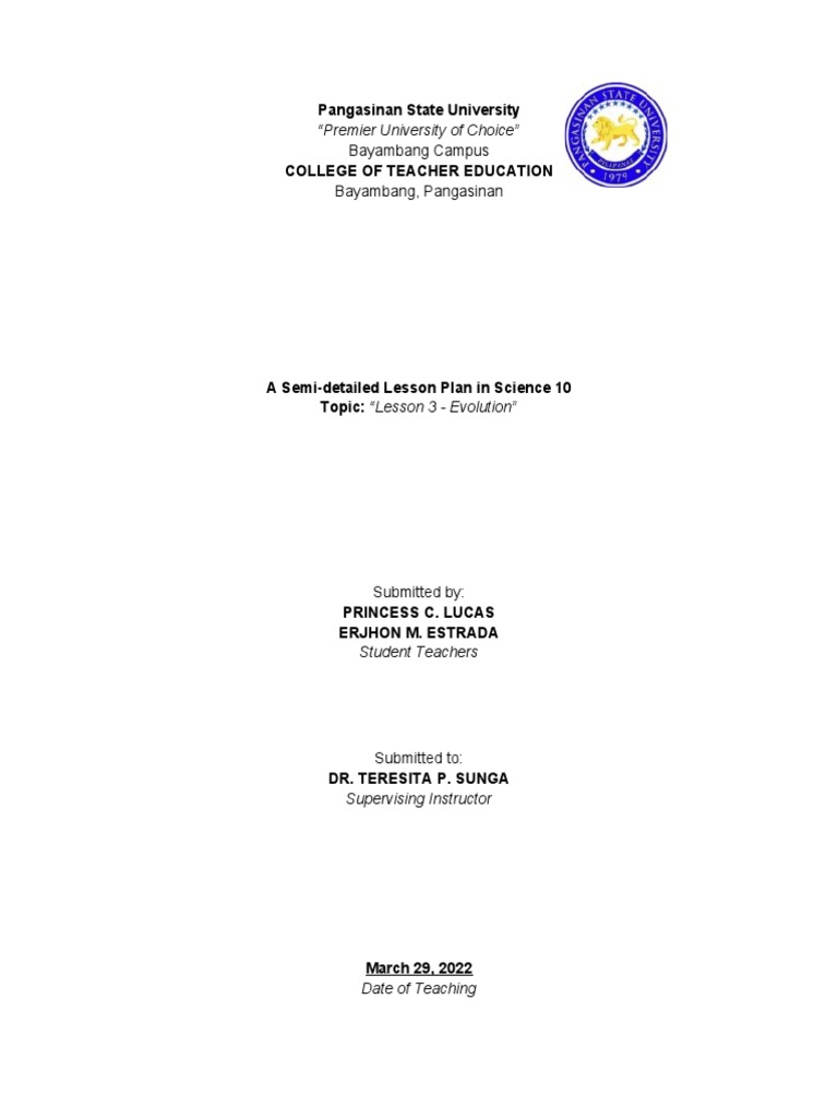 Semidetailed Lesson Plan-Evolution | PDF | Evolution | Natural Selection