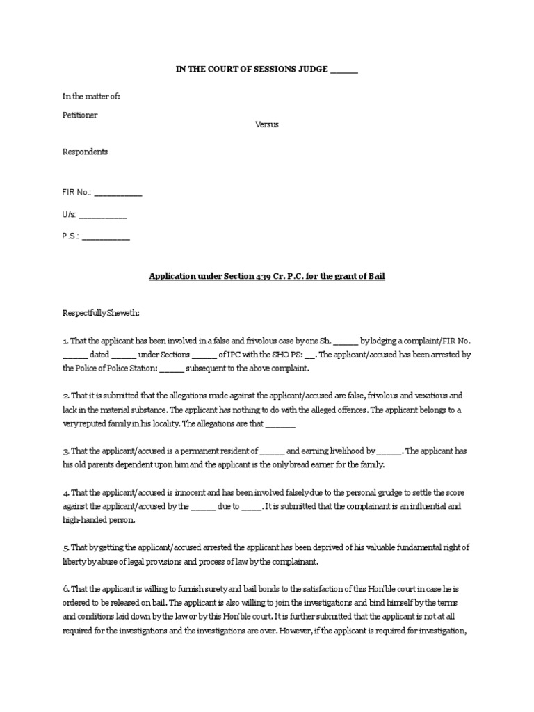 Application Under Section 439 CRPC For The Grant of Bail | PDF | Bail | Crime & Violence