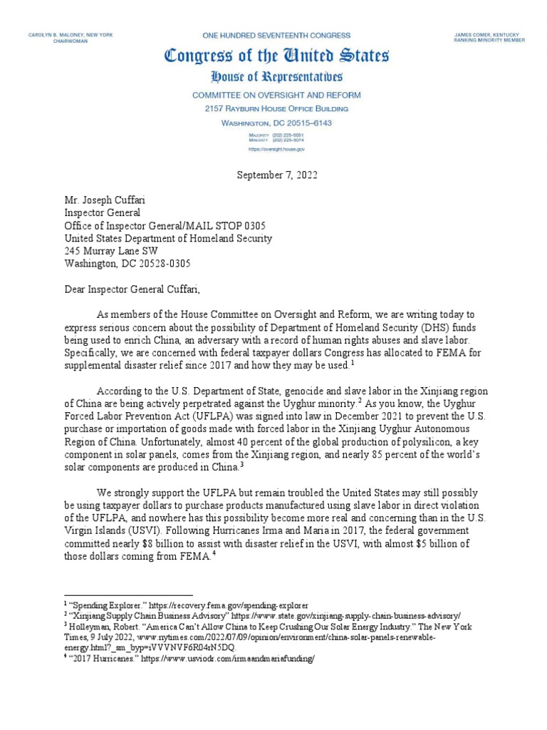 Gibbs-Comer Letter To IG | PDF | Federal Emergency Management Agency ...