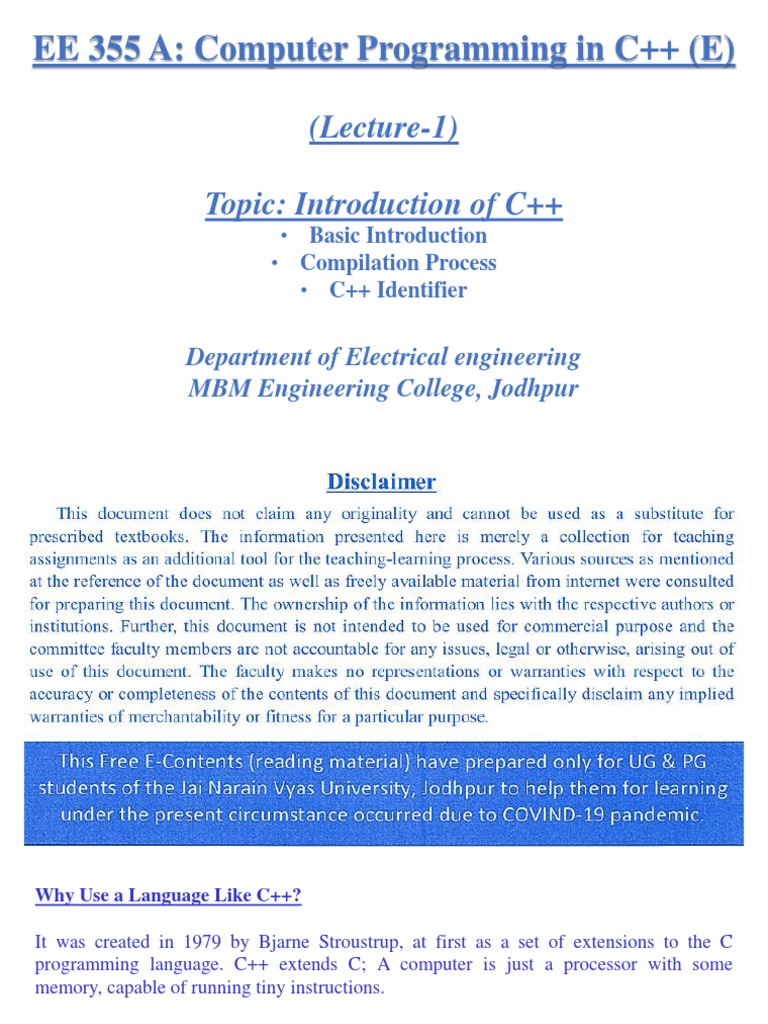 (Lecture-1) Topic: Introduction of C++: EE 355 A: Computer Programming ...