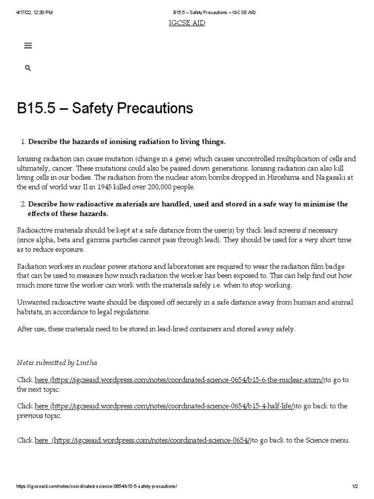 B15.5 - Safety Precautions - IGCSE AID | PDF | Ionizing Radiation ...