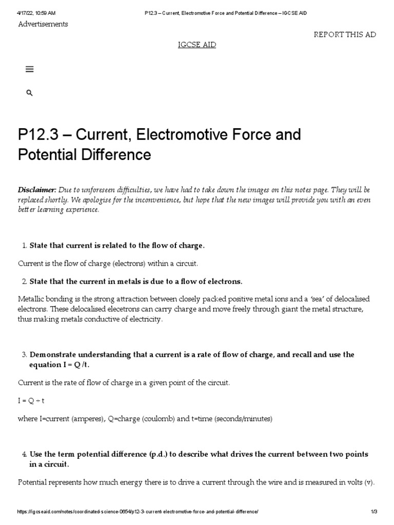P12.3 - Current, Electromotive Force and Potential Difference - IGCSE ...