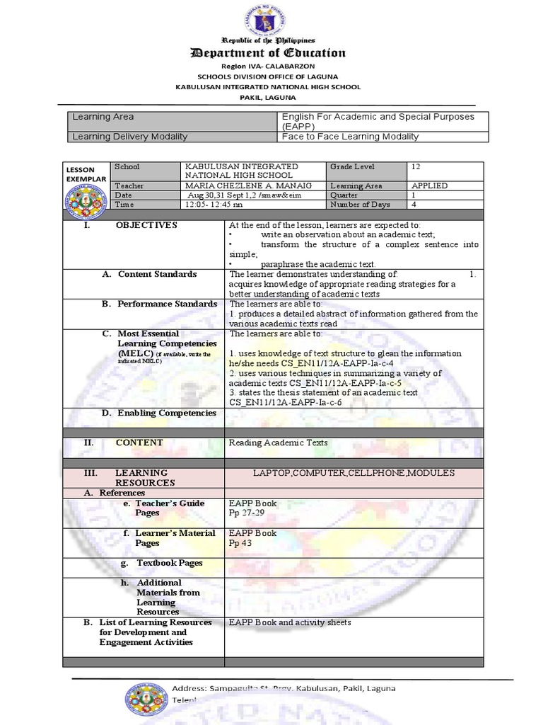 2 Lesson Exemplar SHS EAPP | PDF | Learning | Philippines