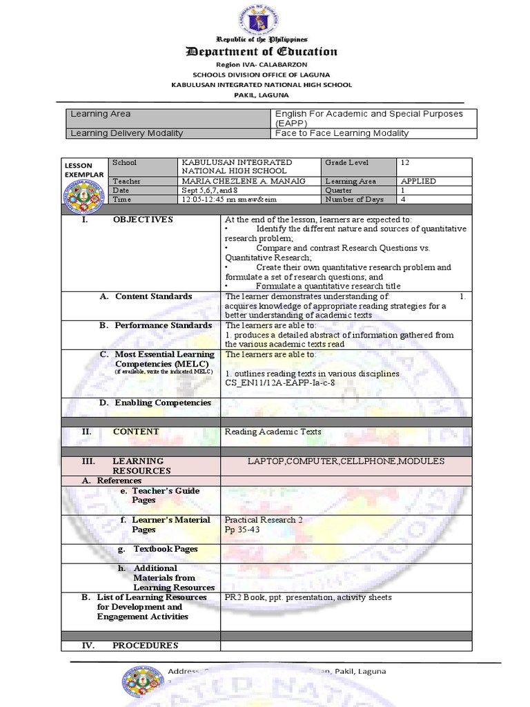 3 Lesson Exemplar SHS EAPP | PDF | Learning | Teachers