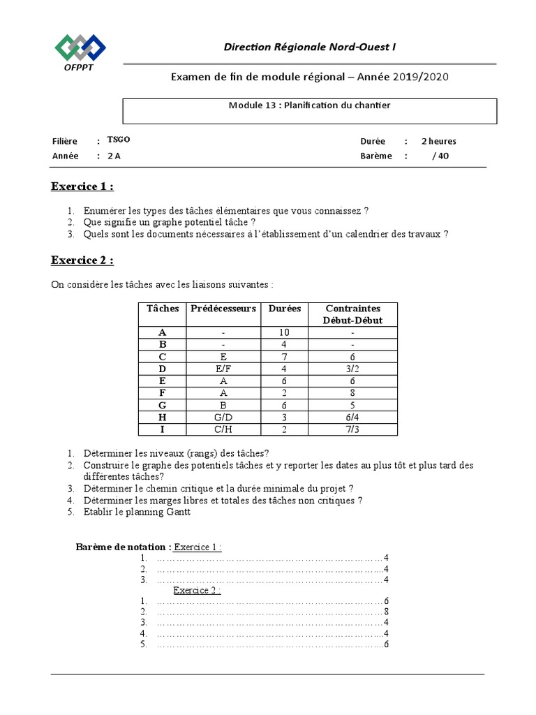 Examen Planification Chantier 2019/2020 | PDF | Planification