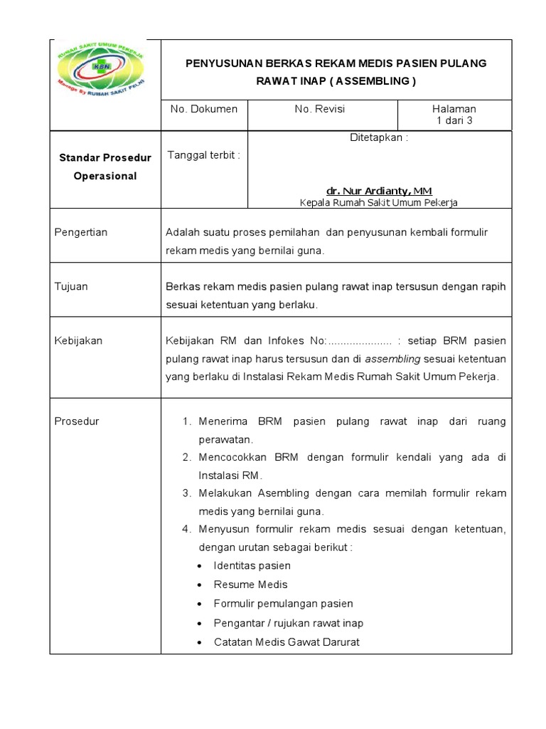 Penyusunan Berkas Rekam Medis Pasien Pulang Rawat Inap (Assembling) (R) | PDF