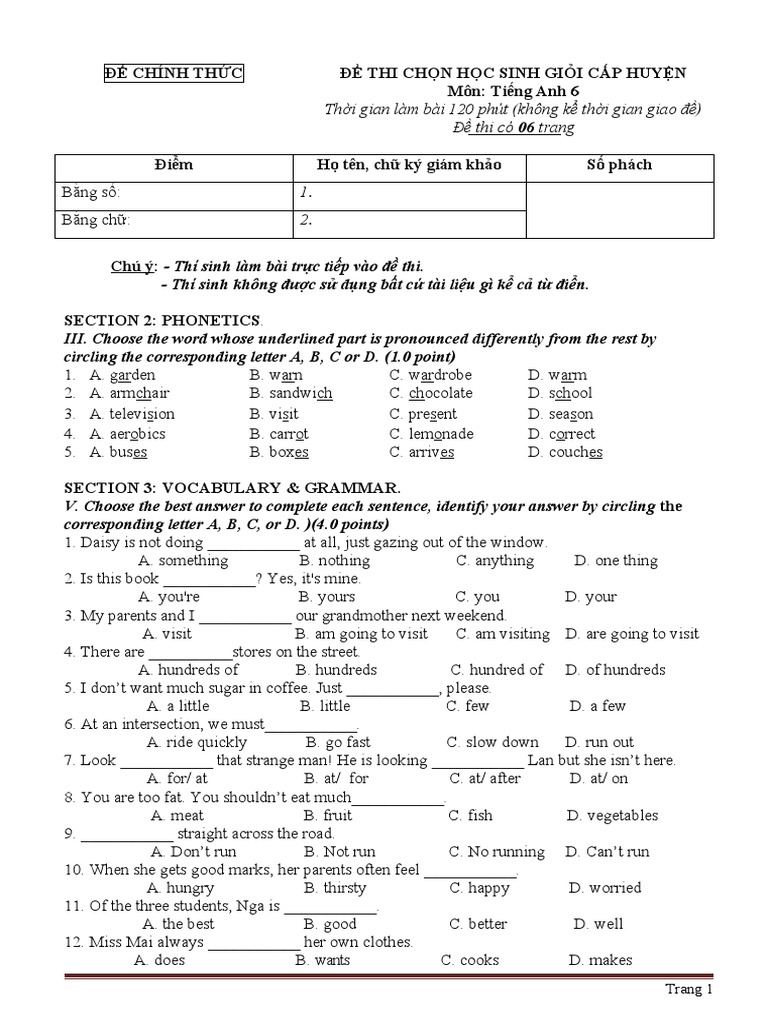 De Thi HSG Tieng Anh 6 de 6 | PDF | Lunch | Foods