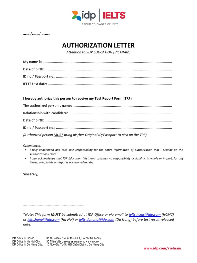 IDP Authorization Letter Form | PDF | Ho Chi Minh City | Vietnam