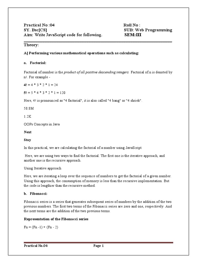 Practical No.04 | Download Free PDF | Subroutine | Java Script