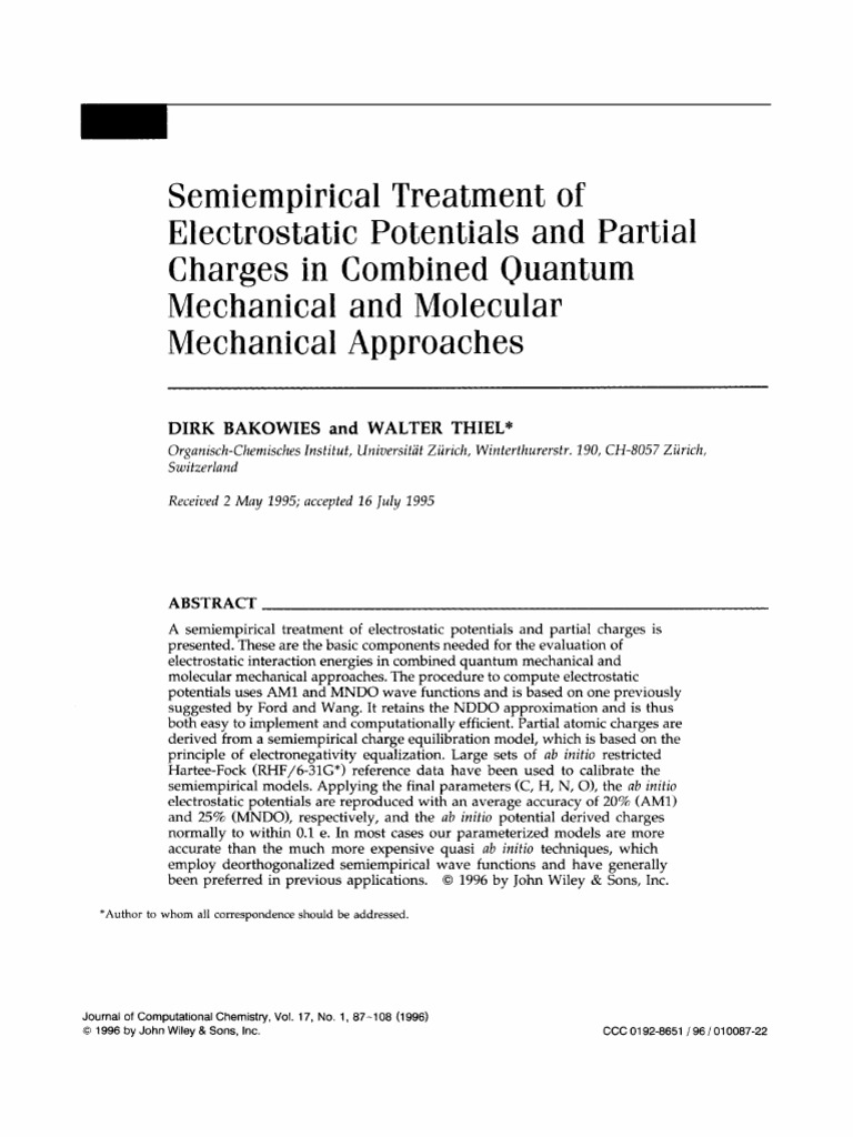 Semiempirical Treatment of Electrostatic Potentials and Partial Charges ...