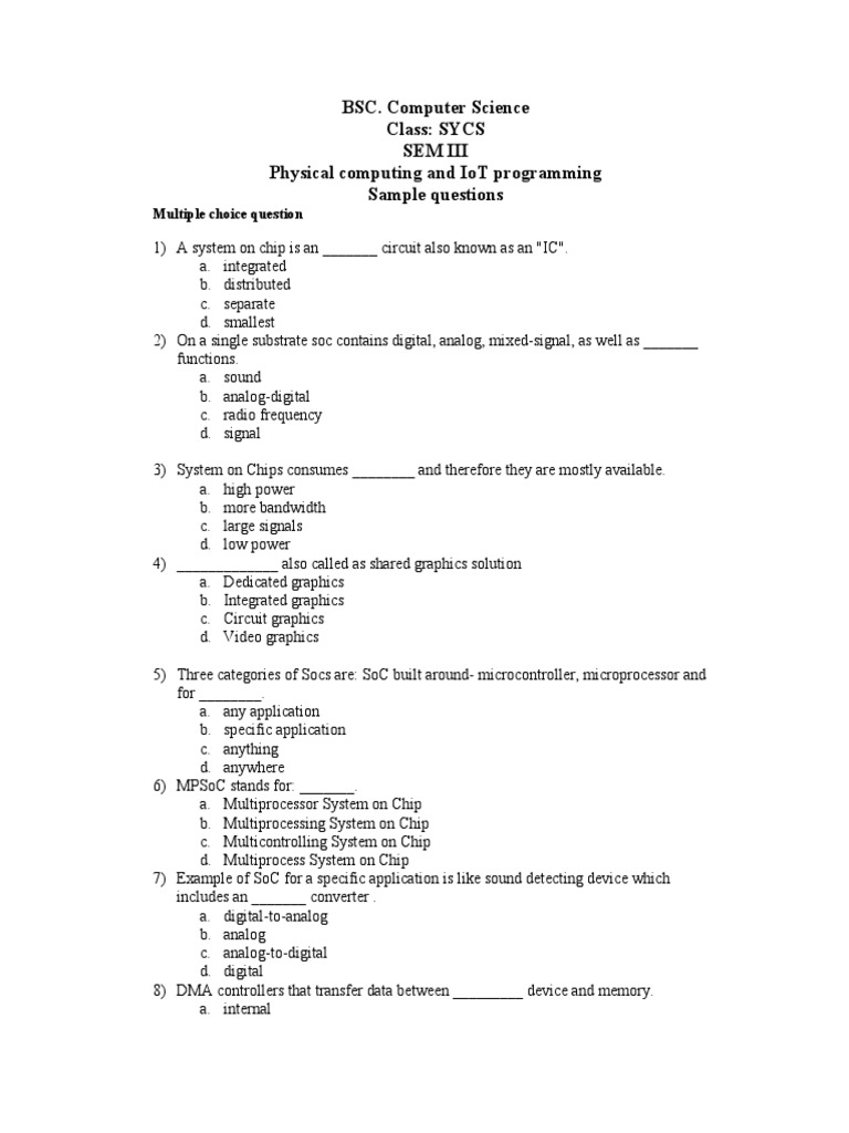 SYCS Sem III SQ Oct 2021 Physical Computing and IOT Programming | PDF | System On A Chip ...