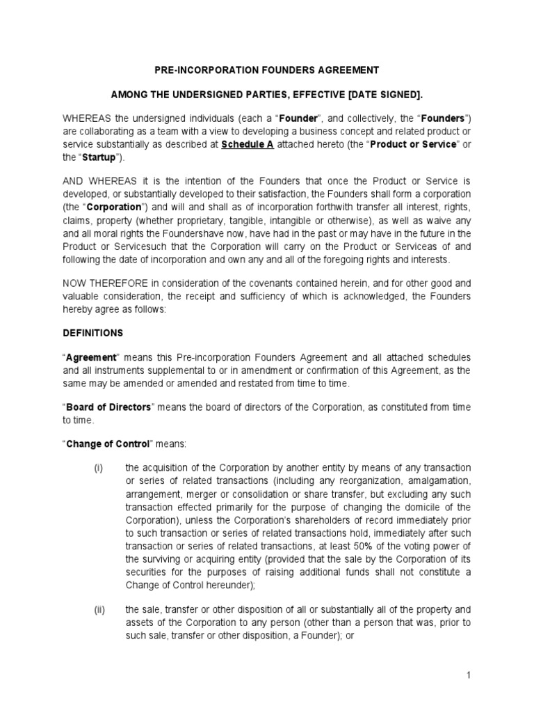 Pre-Incorporation Founders Agreement Among The Undersigned Parties ...