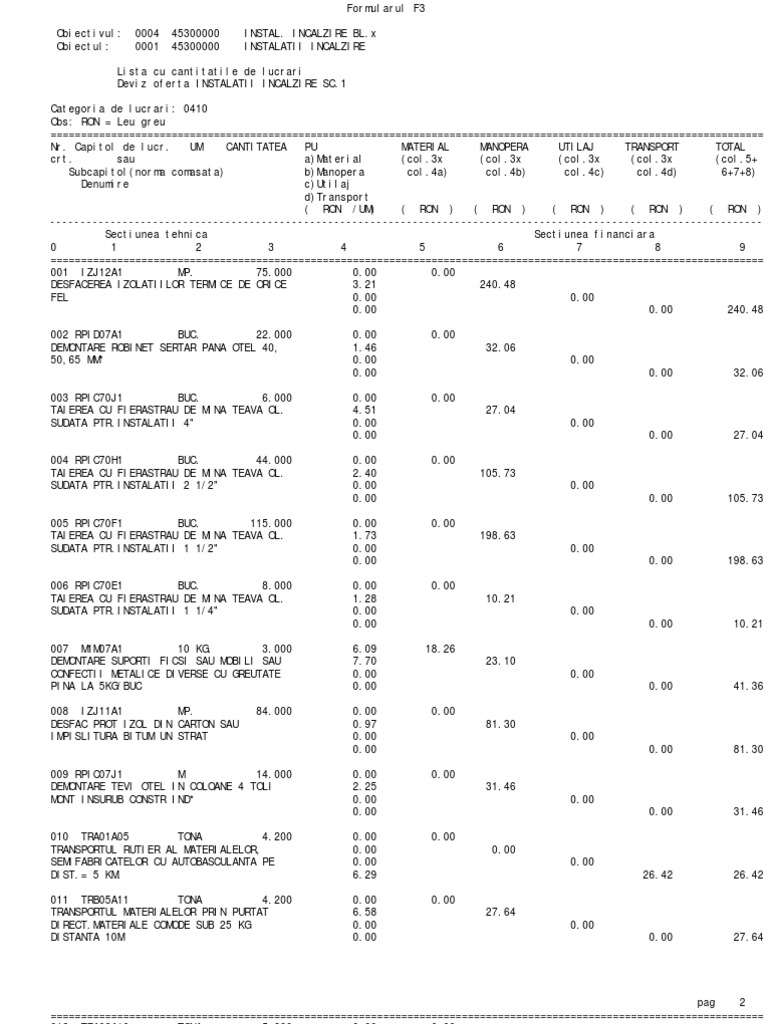 Deviz Pe Instalatii Exemplu