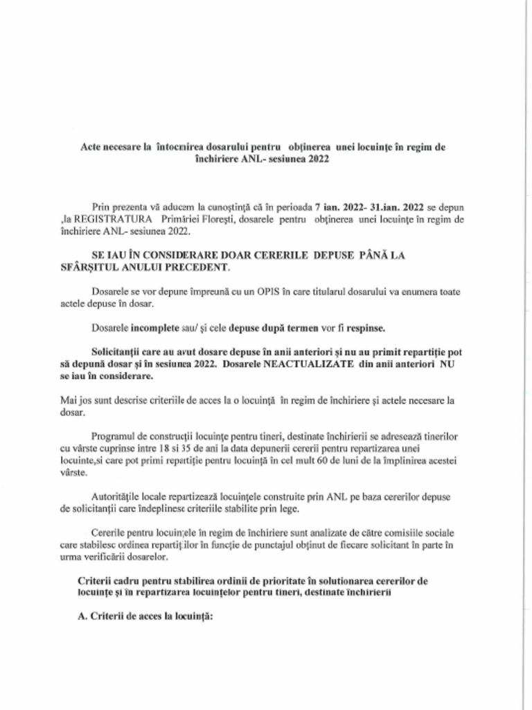 Acte Necesare Obtinere Locuinta ANL | PDF