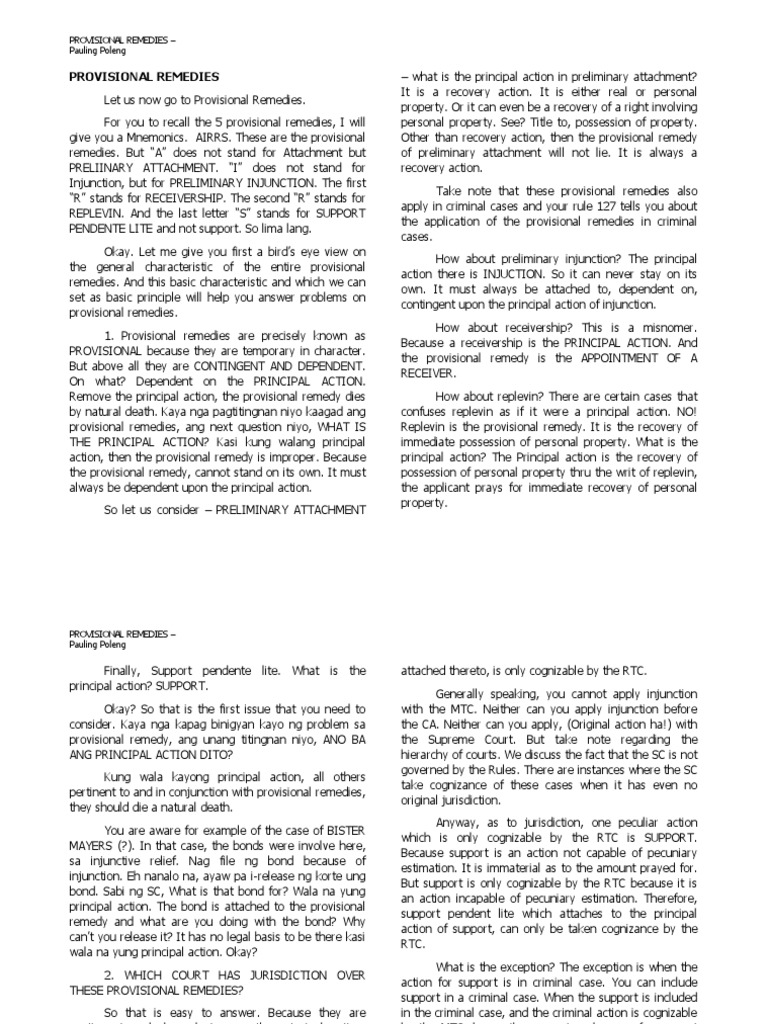 1 PROVISIONAL REMEDIES - Full Transcript | PDF | Injunction | Judgment ...