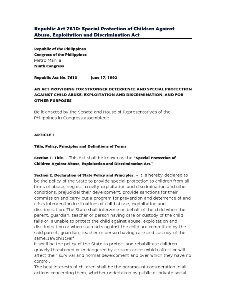 Republic Act 7610: Special Protection of Children Against Abuse ...