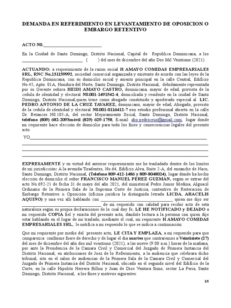 Demanda en Referimiento en Levantamiento de Oposicion o Embargo ...