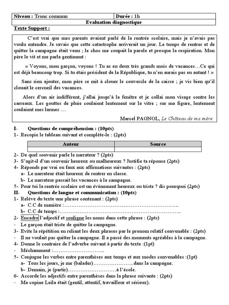 Évaluation Diagnostique: Compréhension et Langue | PDF | Phrase | Syntaxe