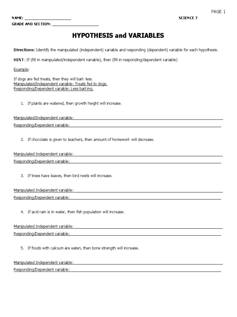 Hypothesis and Variables Worksheet 7th Grade | PDF | Dependent And ...